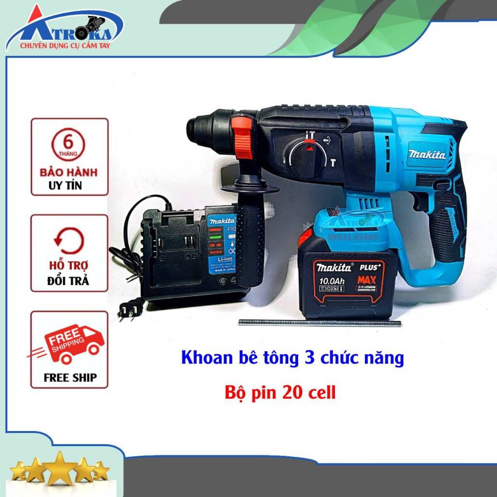 Bộ máy khoan bê tông pin Makita pin 20 cell 21v, 3 chức năng, không chổi than, chân pin phổ ...