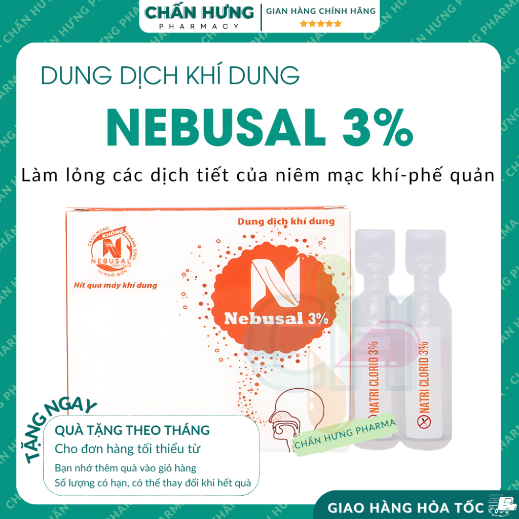 Dung dịch khí dung Nebusal 3% giúp vệ sinh đường hô hấp, họng, dùng cho ...