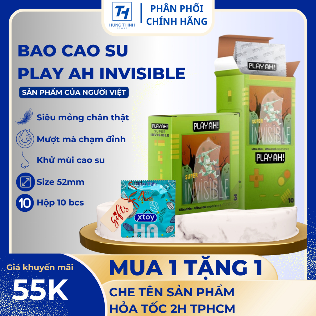 Bao cao su PlayAh, Super invisible siêu mỏng, nhiều gel, kéo dài thời gian, có gai hộp 10 bcs ...