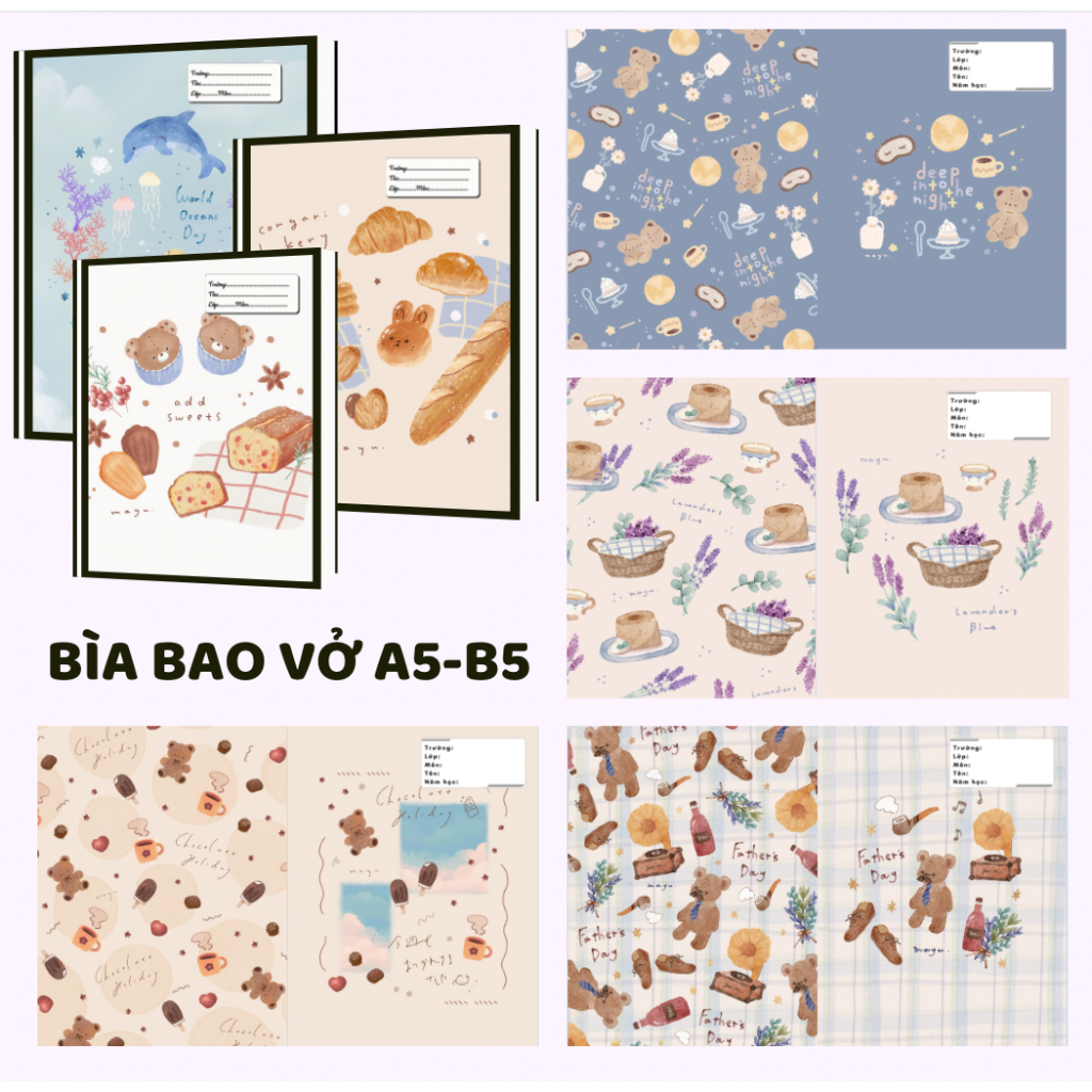 "Lẻ" Giấy bao tập vở A5/B5, in size Theo yêu cầu, nhiều mẫu xinh xắn ...