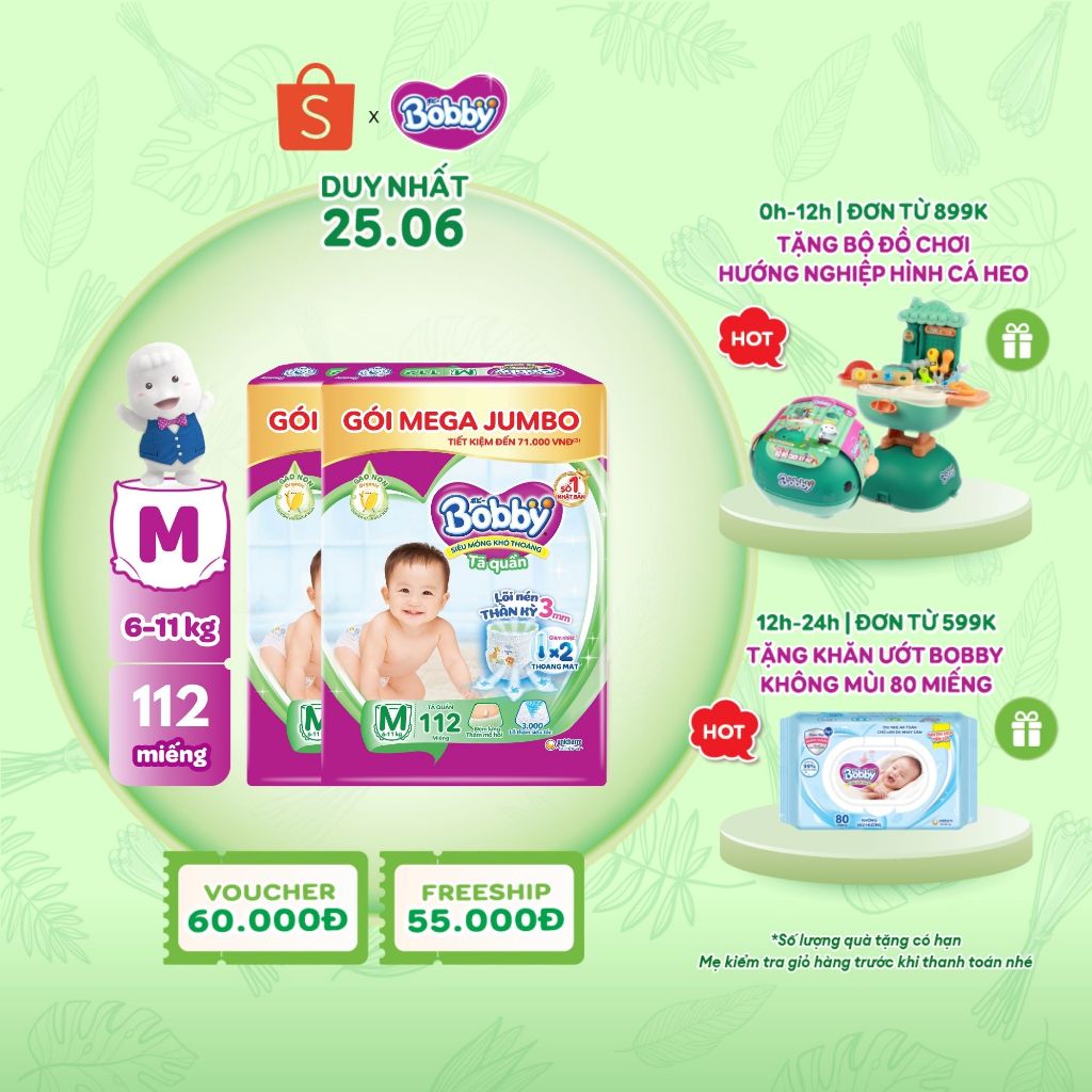 [V] Bộ 2 Tã quần Bobby Lõi nén thần kỳ 3mm Gạo non Mega Jumbo M112/L96 ...