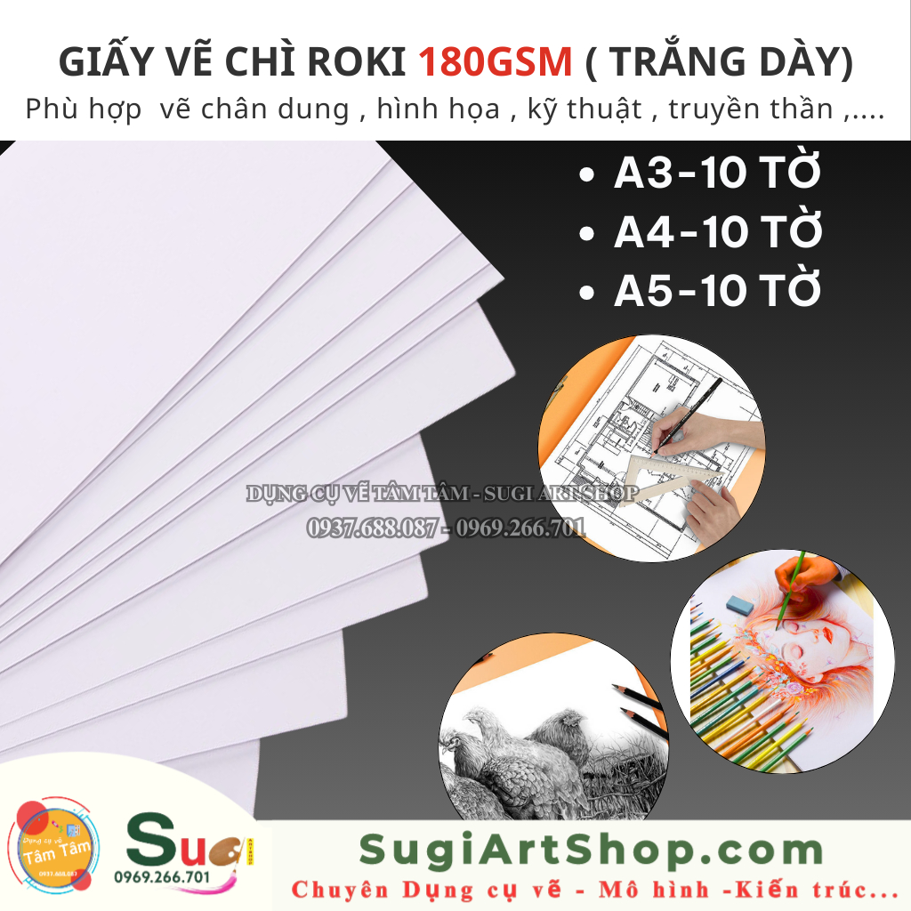 Giấy vẽ chì roki 180gsm - A3 / A4 / A5 - XẤP 10 TỜ , Trắng dày , giấy ...