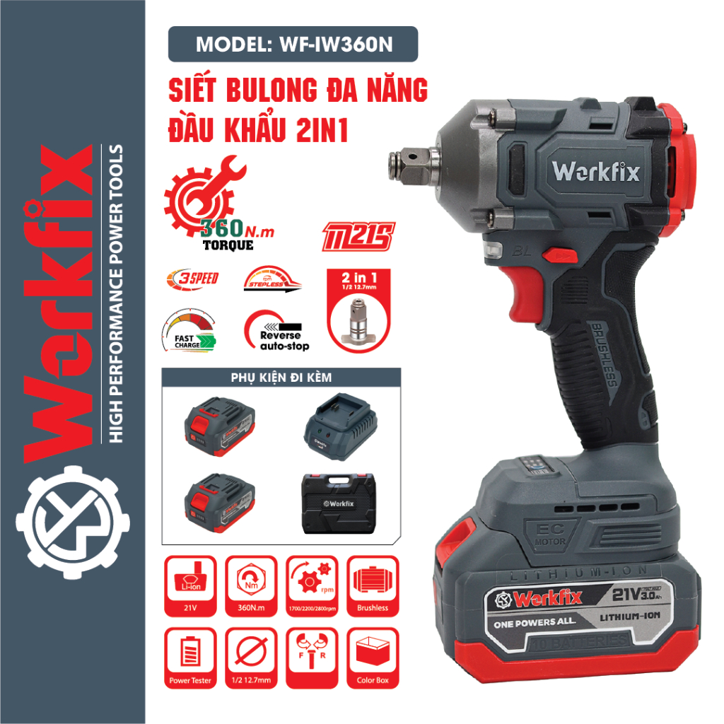 Máy bắn bulong, Máy siết bulong pin WORKFIX IW360N, Lực siết 360Nm, Mở ...