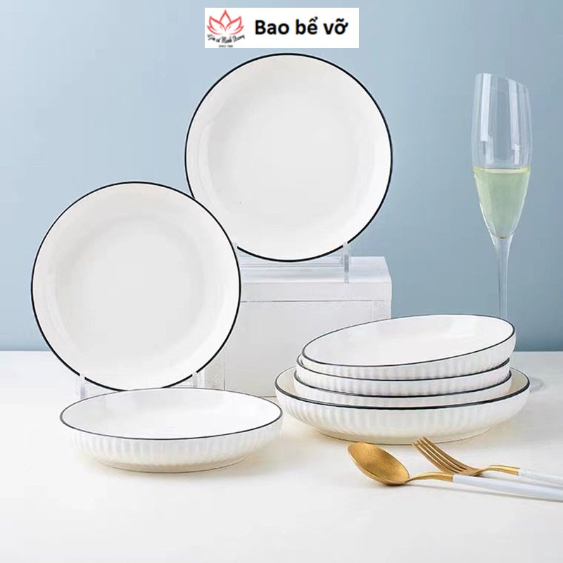 Đĩa sứ tròn viền đen, đĩa sứ nhà hàng, đĩa sứ gia đình, đĩa decor ...