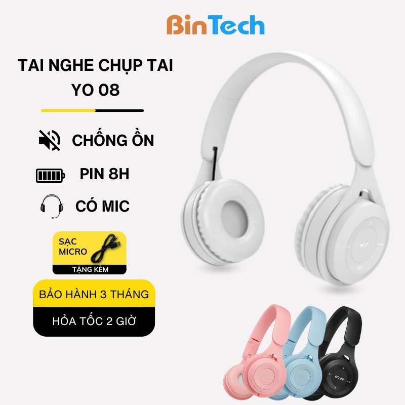 Tai nghe chụp tai bluetooth YO8, tai chụp dễ thương có mic, âm bass ...