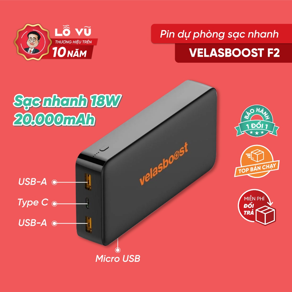 Pin dự phòng sạc nhanh 20.000mAh Velasboost F2, sạc nhanh 22.5W, sạc dự ...