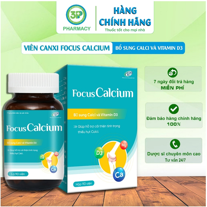 Viên Canxi FocusCalcium - Bổ sung Canxi và Vitamin D3 cải thiện tình trạng thiếu Canxi. Lọ 90 ...