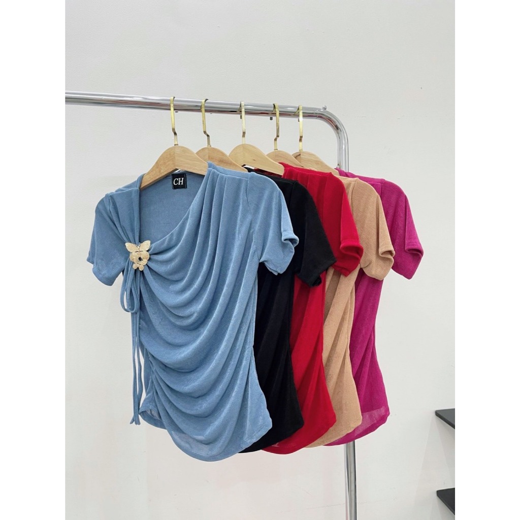 AO55- Áo thun nhũ nhún eo phom ôm Nữ tag cài hình Bướm Women (Size 40kg ...