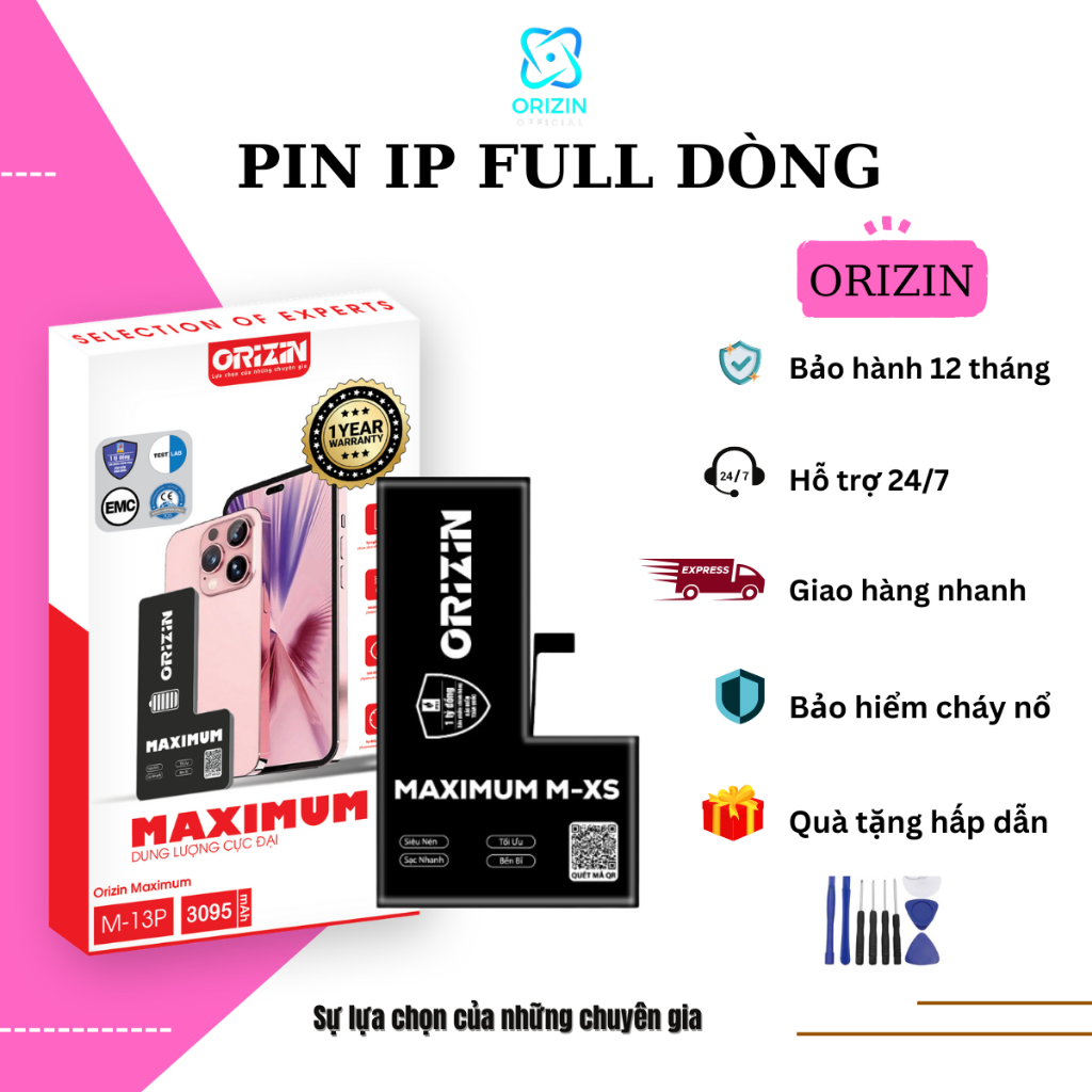 Pin orizin cho lphone6-7-8-X-11-12-13/ Plus-Pr-PrM, có bảo hiểm cháy nổ ...