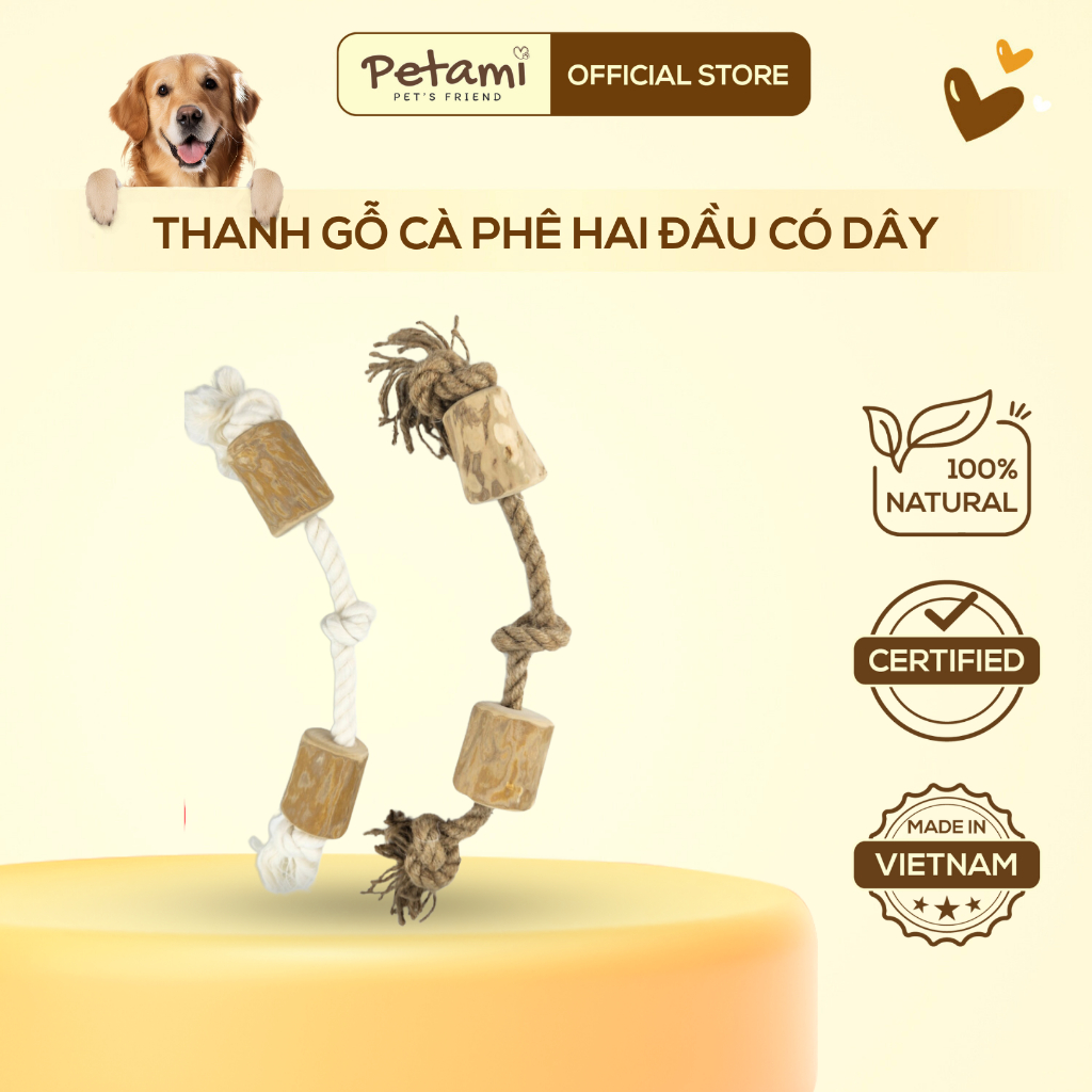 Thanh gỗ cà phê đôi Petami kết hợp dây gai dầu/cotton 100% tự nhiên cho cho chó gặm làm sạch ...