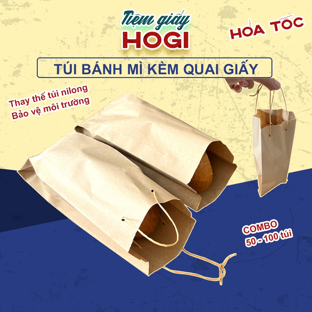100 túi bánh mì HOGI kratf nâu, túi giấy đựng bánh mì trơn đơn giản ...