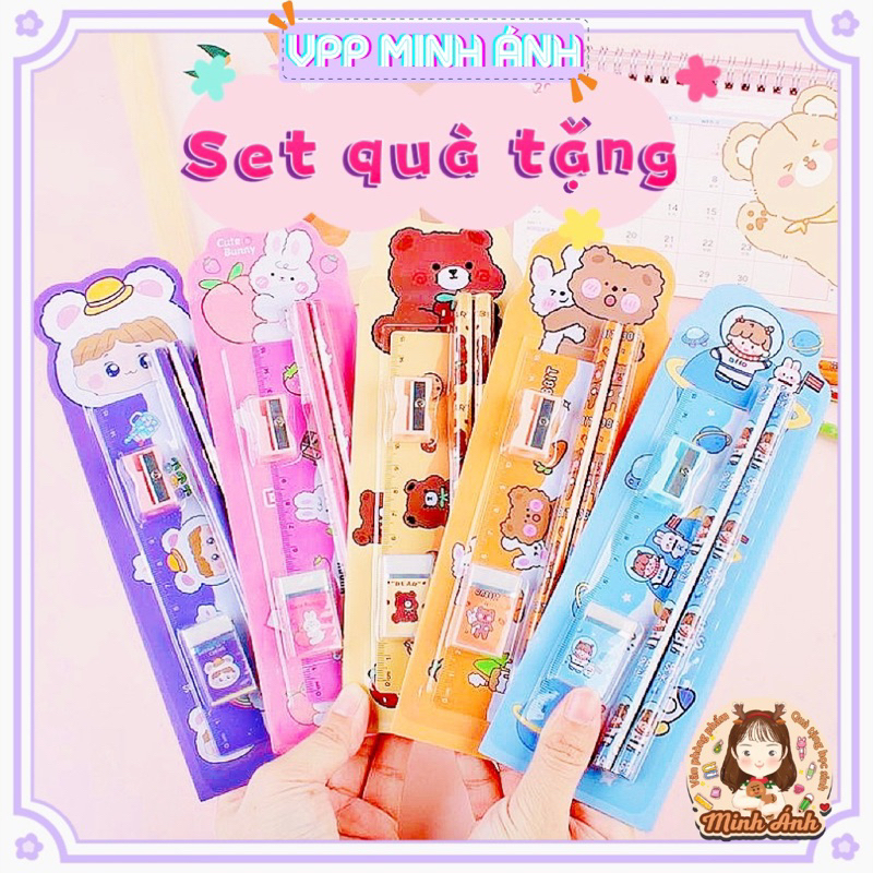 Bộ đồ dùng học tập 5 món (bút chì + thước kẻ + tẩy + gọt chì) dễ thương ...
