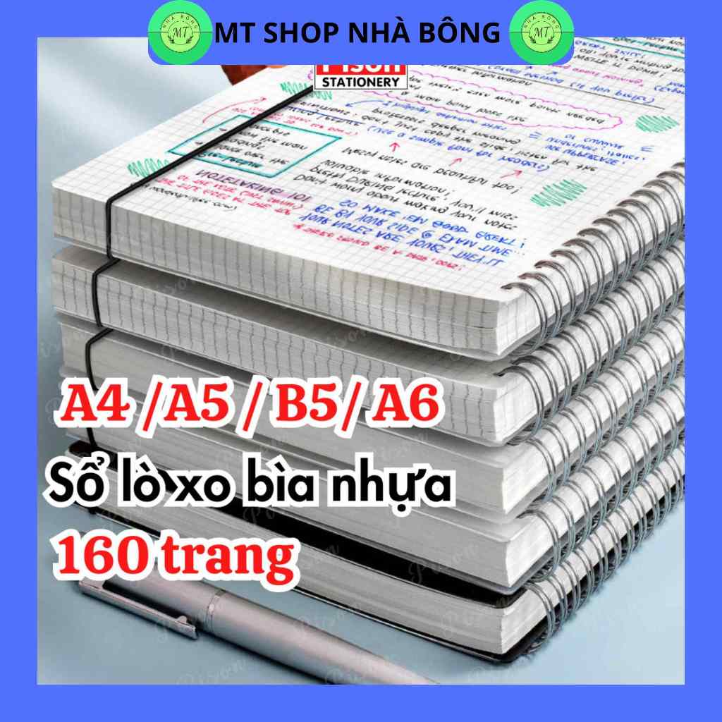 Sổ lò xo basic A6 A5 B5 A4 160 trang kẻ caro kẻ ngang , không kẻ giấy chống loá bìa nhựa chống ...