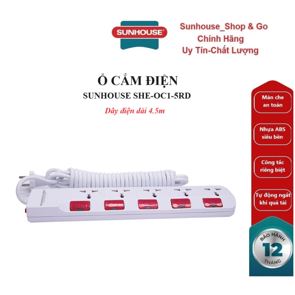 Ổ cắm điện đa năng SUNHOUSE- Model: SHE-OC1-5RD - Ổ cắm điện 5 lỗ, có ...