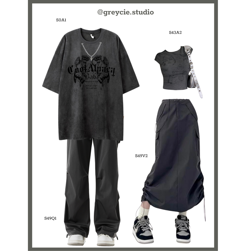 [Sẵn] GREYCIE Set đồ đôi áo phông croptop xám quần ống rộng chân váy ...