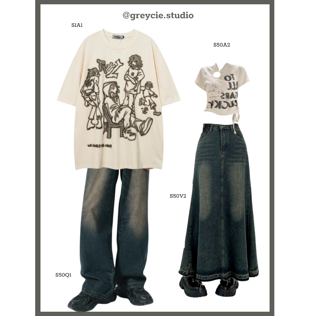 [Sẵn] GREYCIE Set đồ đôi áo phông croptop be quần jeans ống rộng chân ...