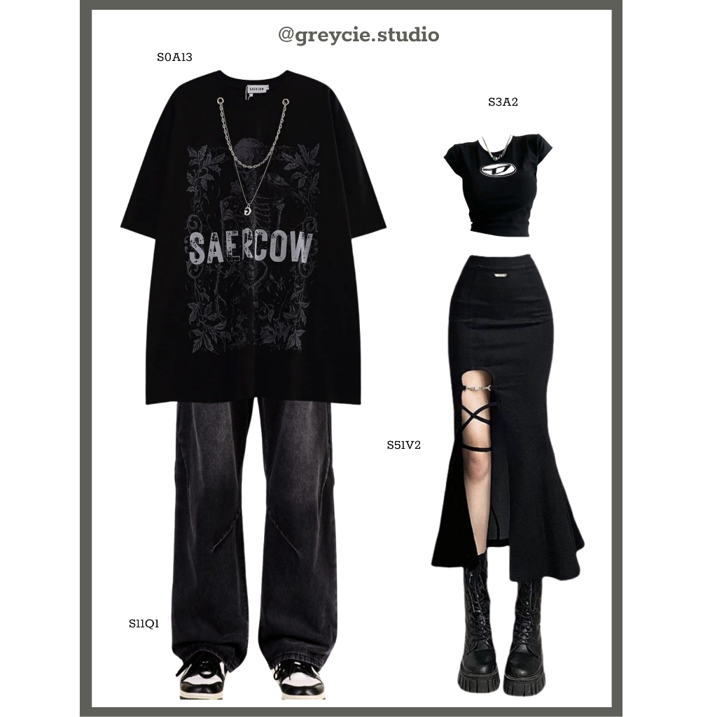 GREYCIE Set đồ đôi áo phông croptop đen quần jeans ống rộng chân váy ...