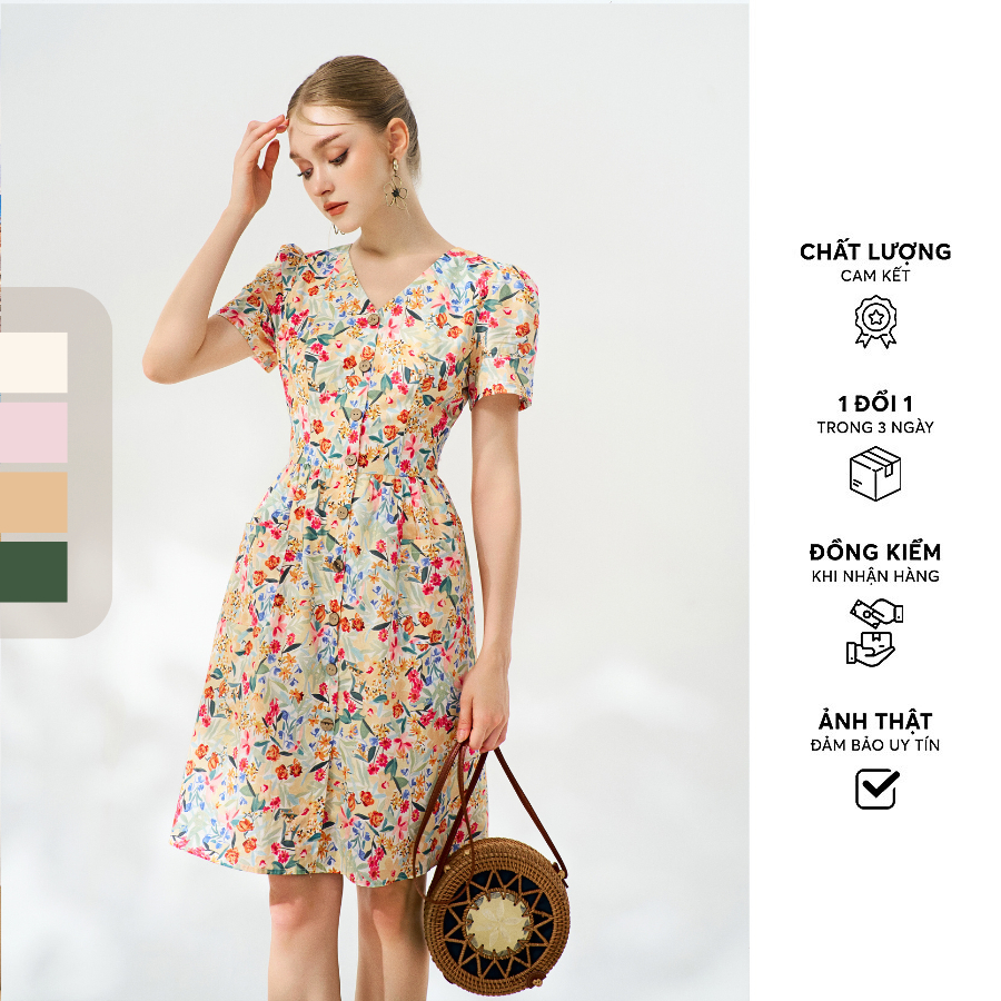 Đầm mini thô Cam/ Hồng/ Colorful/ Xanh khuy bọc 2 túi ốp 411DR1034 ADORE DRESS | Shopee Việt Nam