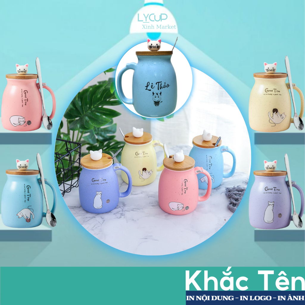 Cốc sứ KHẮC TÊN theo yêu cầu in hình LAZY CAT mèo lười, Ly sứ uống nước ...