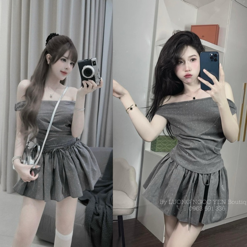 [S2.828] Set Ghi Đính Đá Áo Ngang Vai Chun Tay Xếp Ly Eo Mix Chân Váy Xoè Siêu Xinh ( cvay 2 lớp ...