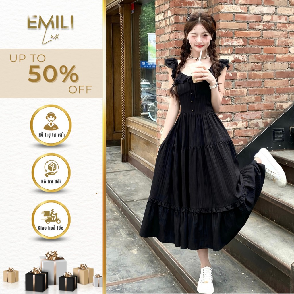 Đầm maxi cổ vuông tai bèo Emili đầm hai dây nhún ly phong cách kiểu nữ [V326] | Shopee Việt Nam