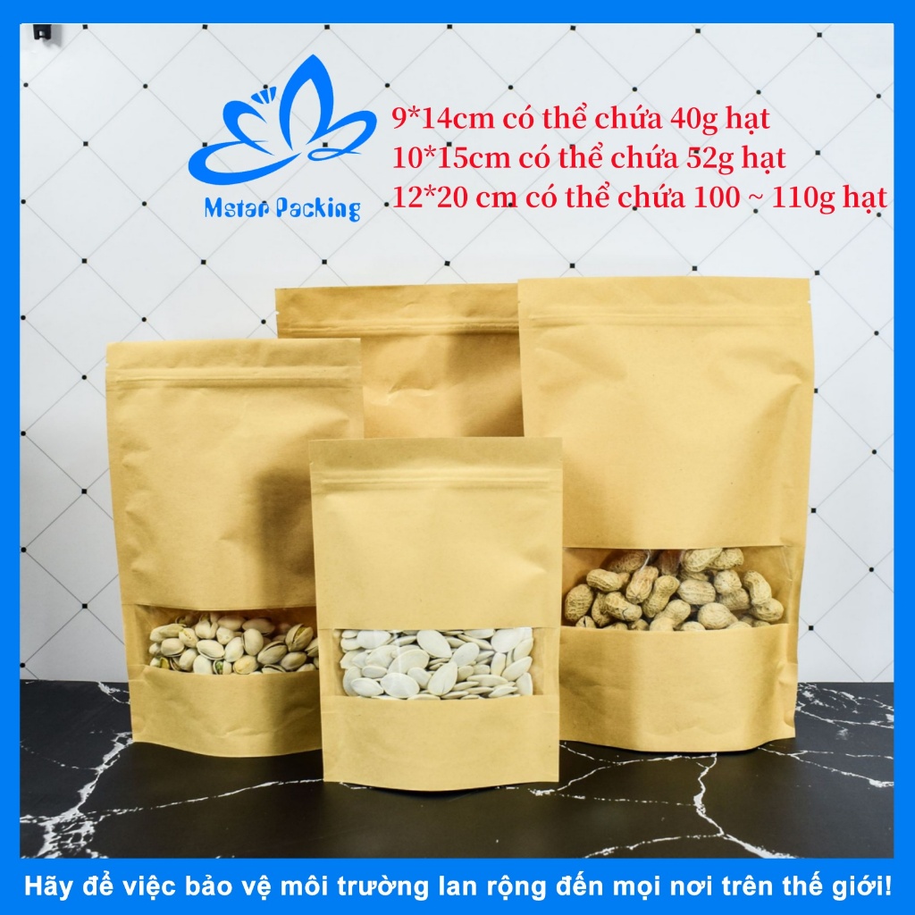 100 Túi Zipper Giấy Kraft 9*14/10*15/12*20 Đáy Đứng Có Cửa Sổ - Đựng được nước-Có thể đựng được ...