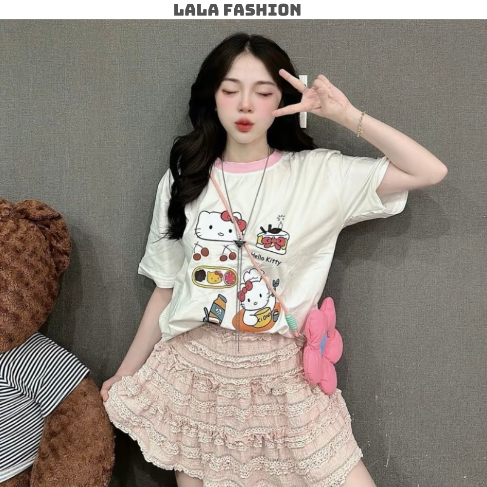Set Bộ Đồ Nữ Áo Phông Kem In Hello Kitty Phối Viền Cổ Hồng Mix Chân Váy Ren Hồng bánh bèo ...