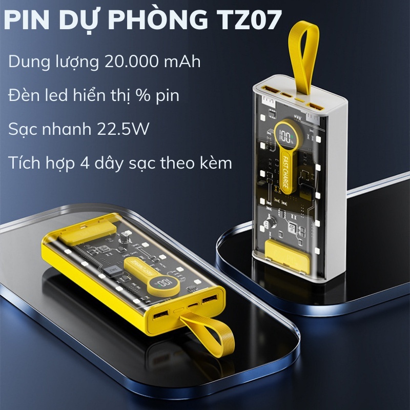 Sạc Dự Phòng TZ07 dung lượng 10000mah Chính hãng , Tích Hợp 4 Dây Sạc ...