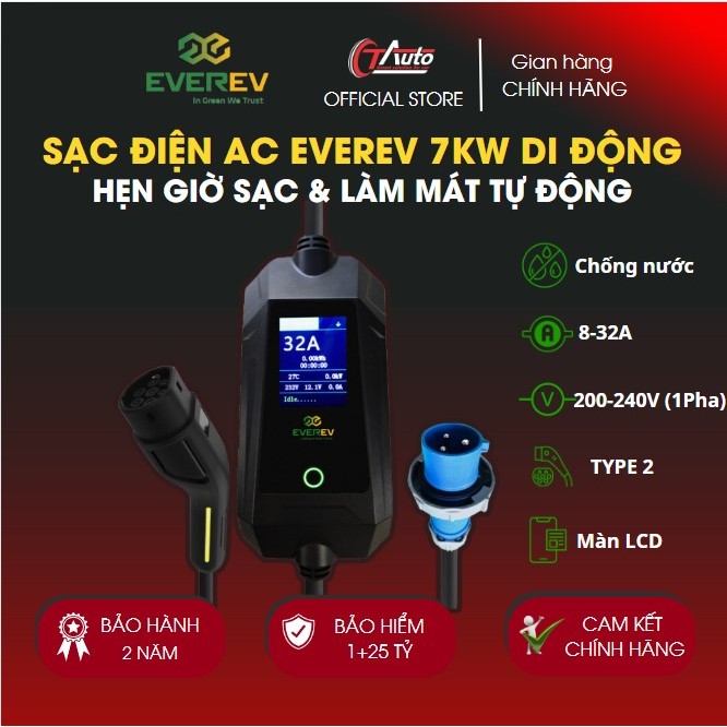 Bộ sạc di động 7kW plus 32A EverEV cho xe ô tô điện Vinfast fe34,VF5 ...