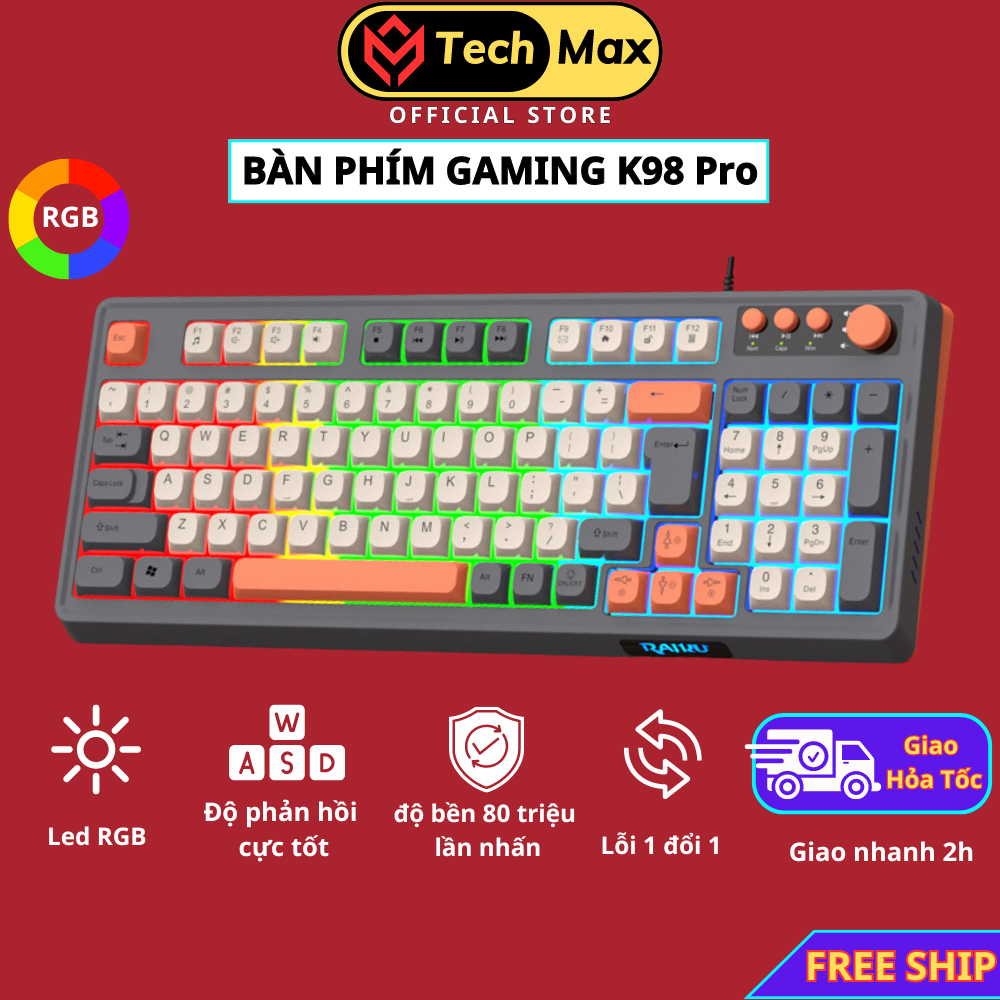 Bàn Phím Gaming Có Dây K98 Pro Led RGB Kèm núm xoay âm lượng và 3 nút điều chỉnh bài hát Laptop ...
