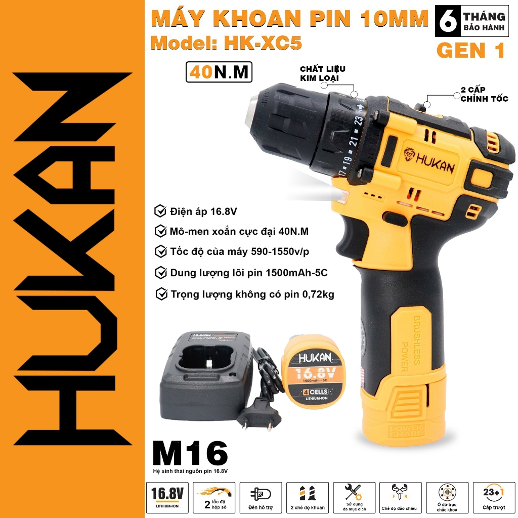 Máy khoan pin HUKAN HK-XC5 NEW 2024, Động cơ Không Chổi Than, Lực siết ...