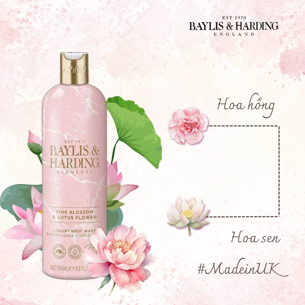Sữa tắm cao cấp hương hoa hồng và hoa sen Baylis & Harding Element ...