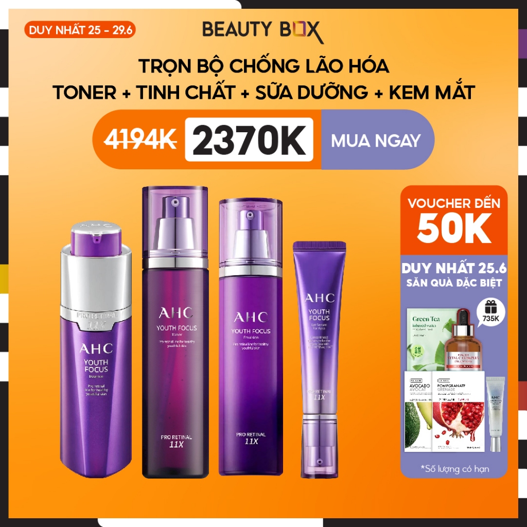 [Duy nhất 25.6] Combo AHC Youth Focus Trẻ Hóa Da (toner 130ml, serum 30ml, serum mắt 30ml, sữa ...