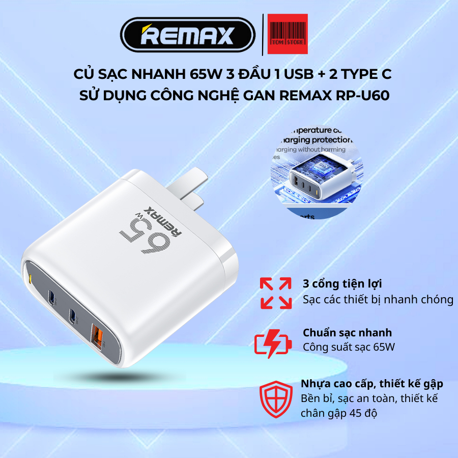 Củ sạc nhanh 65W 3 đầu 1 USB + 2 Type C Sử dụng công nghệ GaN REMAX RP ...