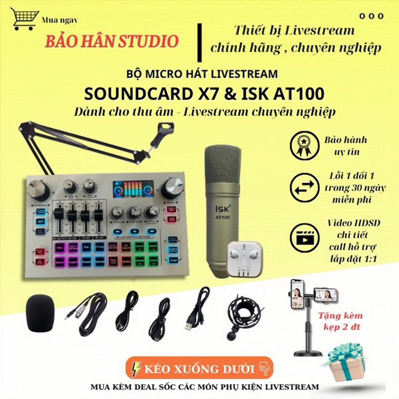 Bộ Mic Thu Âm Hát Livestream Sound Card X7 Cao Cấp Mic ISK AT100 Chính ...