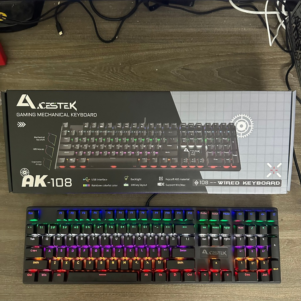 Bàn phím cơ Asestek AK108 Red switch chống ồn Led raibow 10 chế độ nháy hàng chính hãng bảo hành ...