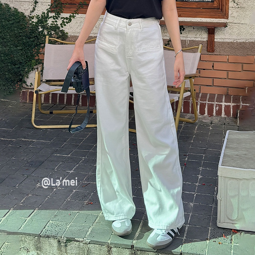 LA'MEI - Quần jeans trắng ống rộng lưng cao 2 túi trước tinh tế ...