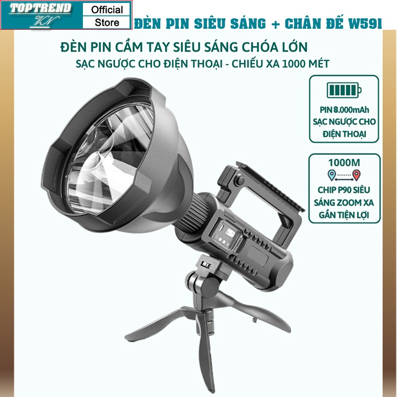 Đèn pin siêu sáng W591 chiếu xa trên 500m, có chân đế chống nước, pin trâu - Bảo hành 12 tháng ...
