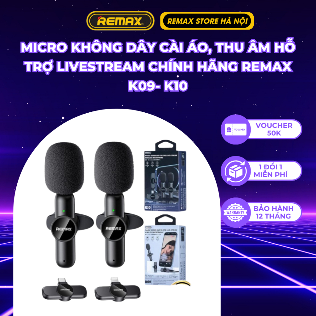 Micro Không Dây cài áo, thu âm hỗ trợ Livestream chính hãng Remax K09- K10 Khử Tiếng Ồn cực tốt ...