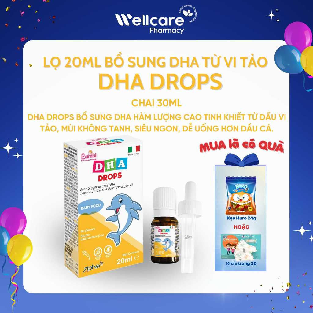 DHA Drops [Chính hãng] - Lọ 20ml bổ sung DHA từ Vi Tảo giúp bé thông ...