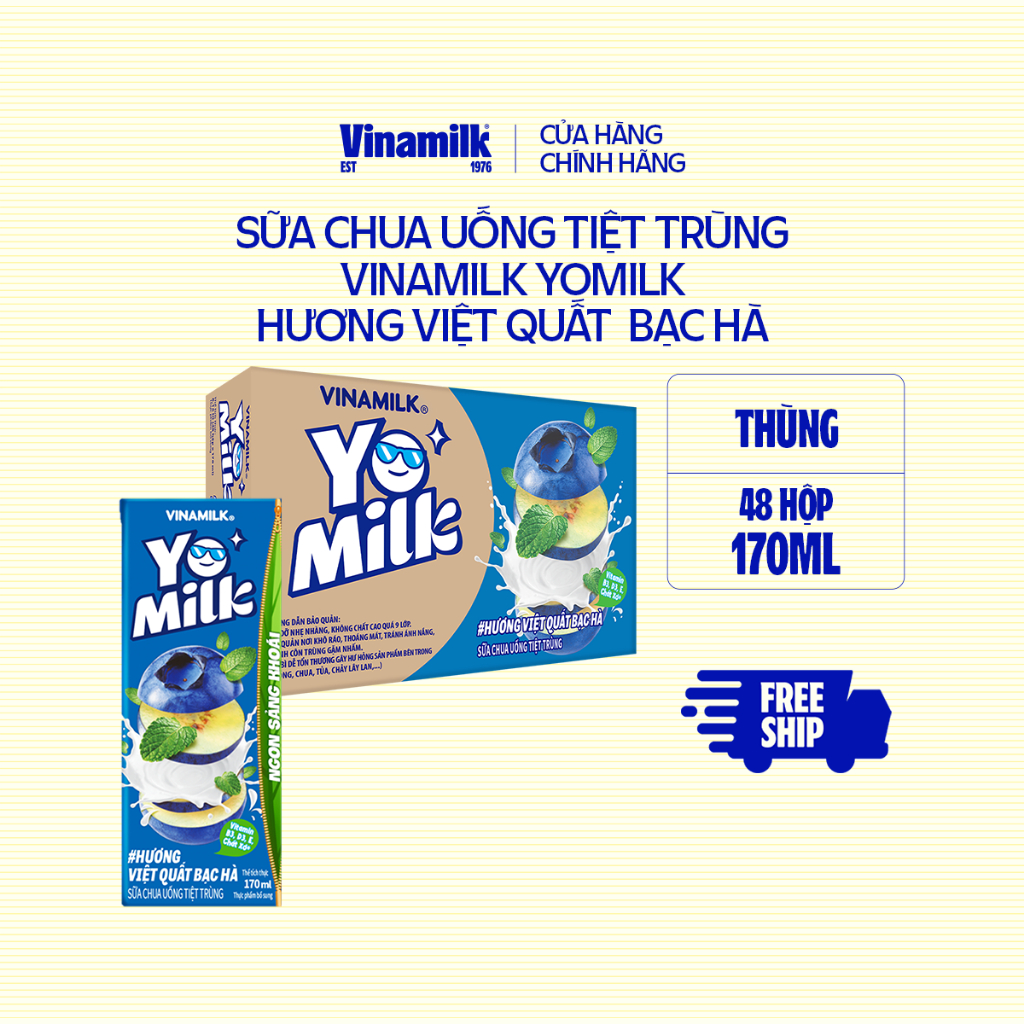 Sữa chua uống Vinamilk Yomilk hương việt quất bạc hà - Thùng 48 hộp 170ml | Shopee Việt Nam