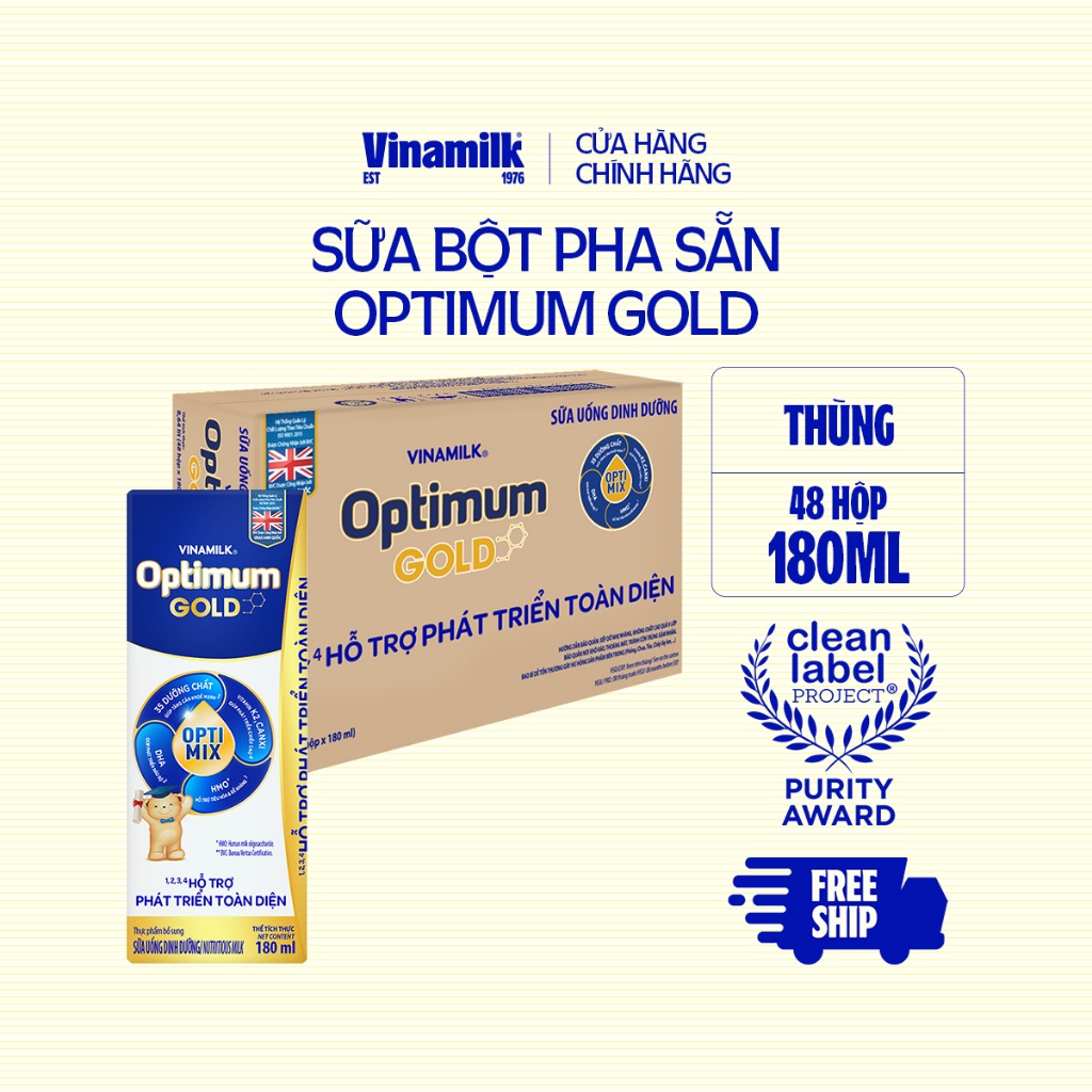 Thùng 48 hộp sữa bột pha sẵn Vinamilk Optimum Gold 180ml - Sữa nước hỗ trợ phát triển toàn diện ...