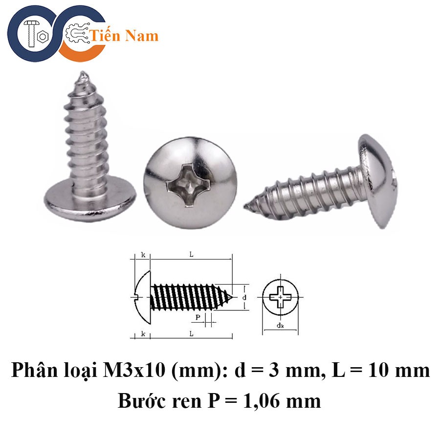 Vít bake đầu dù đuôi nhọn ren thưa inox 304 M3x10 - túi 50 con | Shopee ...