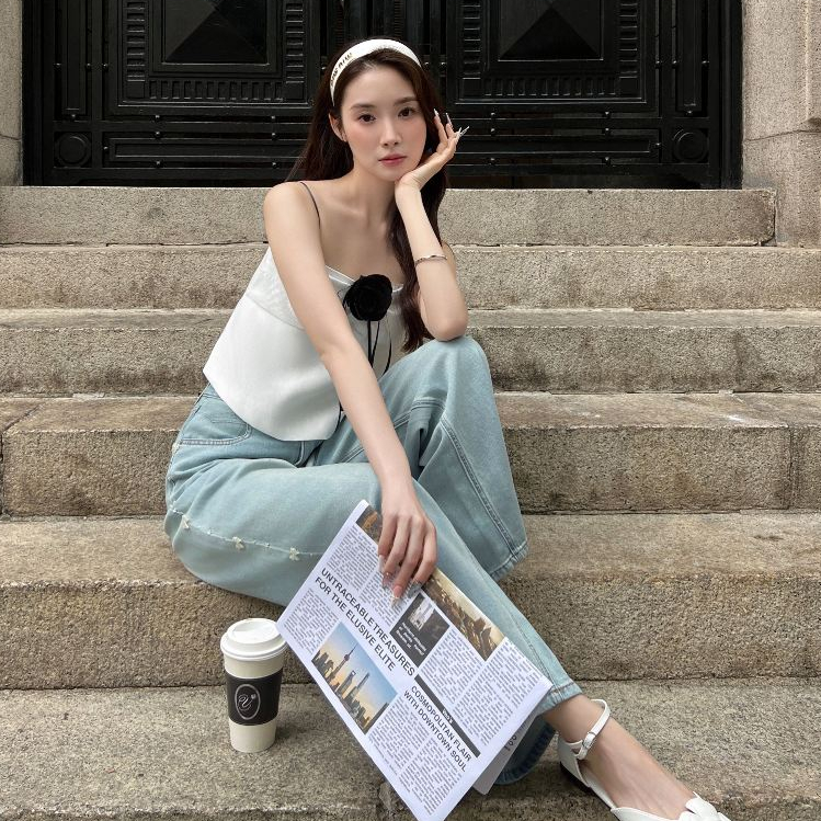 Jeans Kiểu Nữ Mong Ống Đứng Form Suông Đính Nơ Hông Cạp Cao Thanh Lịch ...