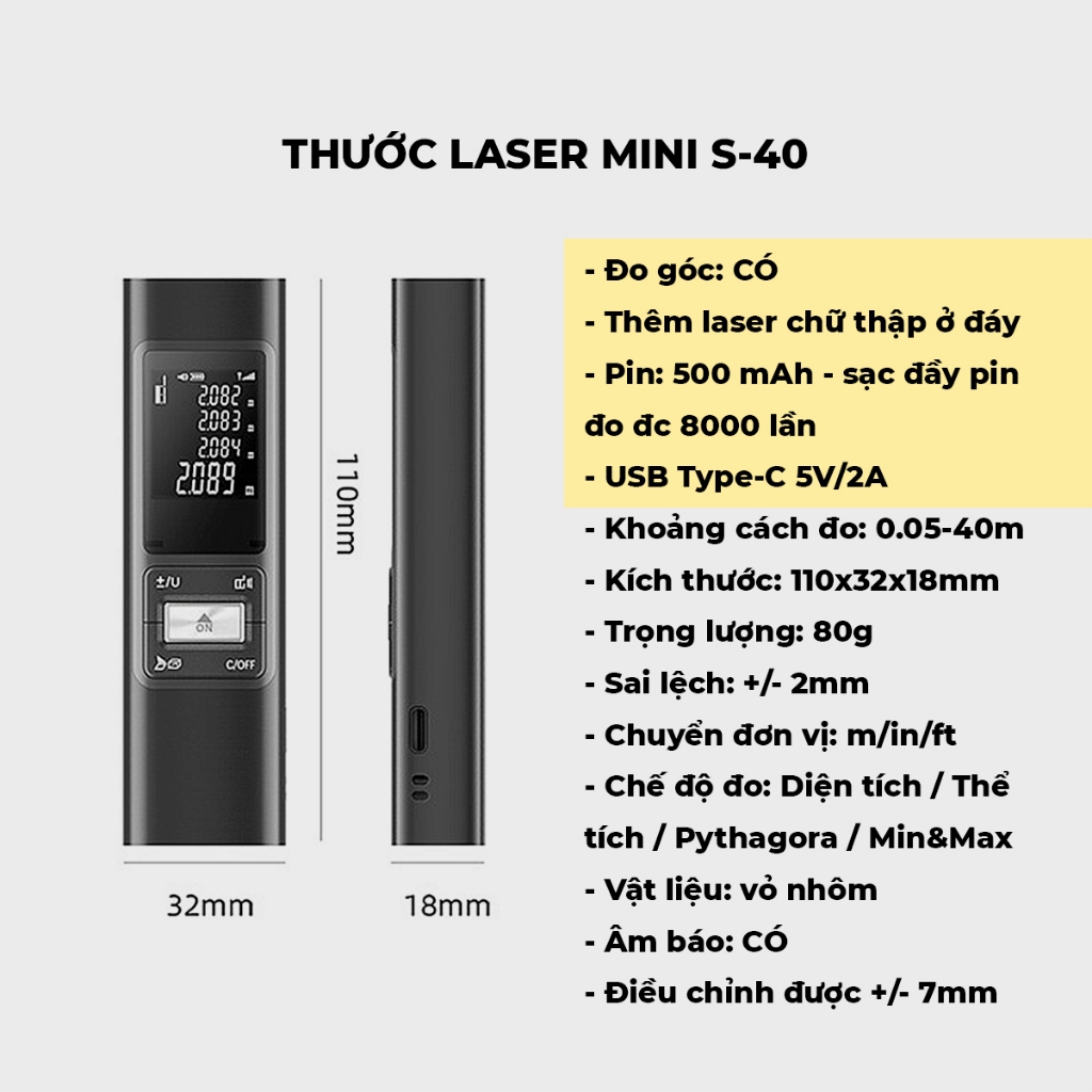 Thước laser mini đo khoảng cách 2 in 1 9TIME S40 USB Type-C chữ thập ...