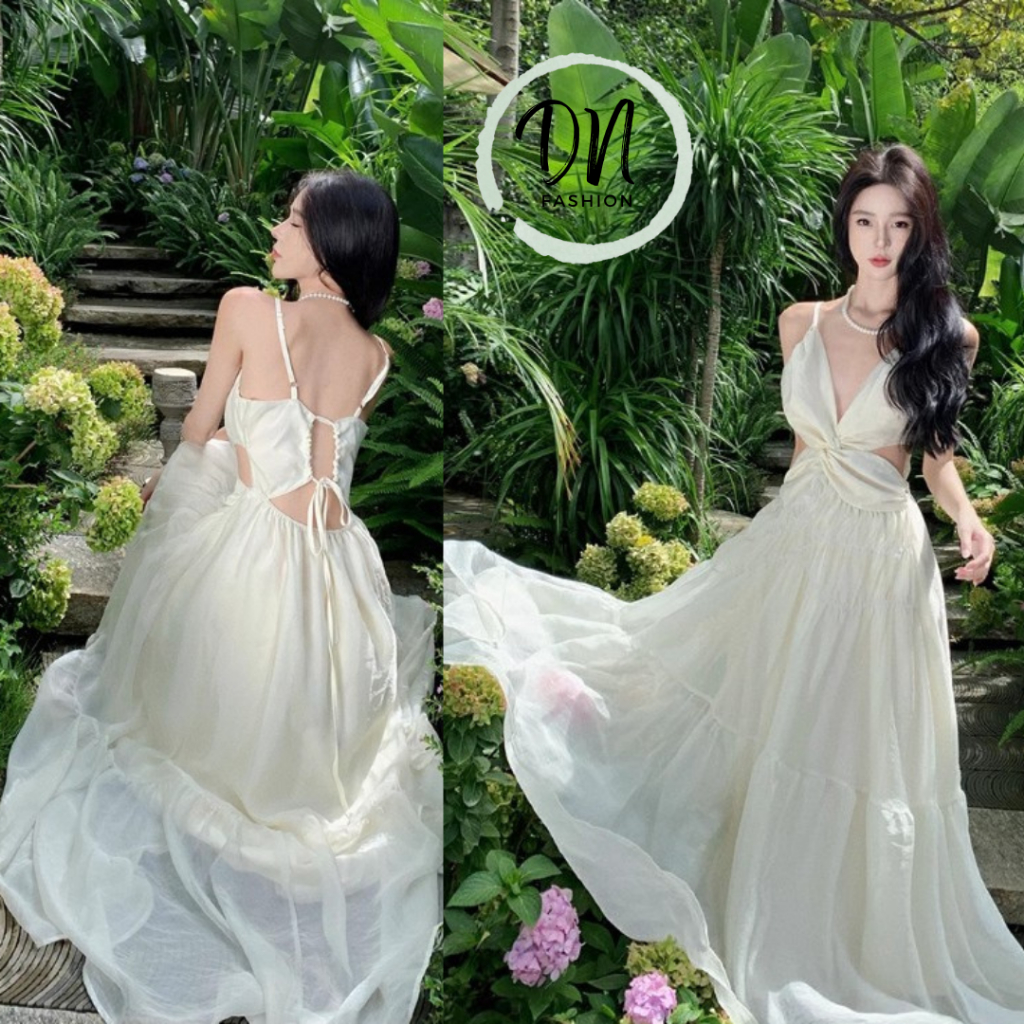 Đầm Maxi Váy Đi Biển Dáng Dài Xoắn Ngực May 2 Lớp Vải Voan Tơ QC Thiết Kế Hở Lưng Chiết Eo Sexy ...