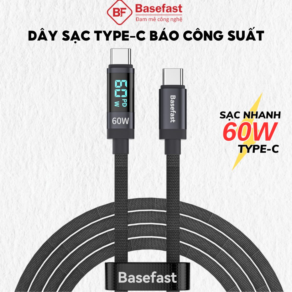 Dây sạc nhanh Type C 60W Basefast cáp hiển thị công suất chống quá tải ...