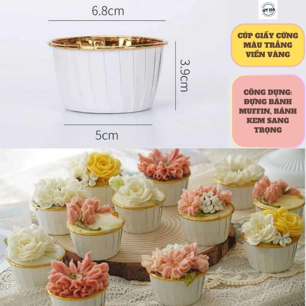 Cốc giấy cup cứng/Ly cupcake màu trắng viền vàng dùng đựng bánh muffin ...