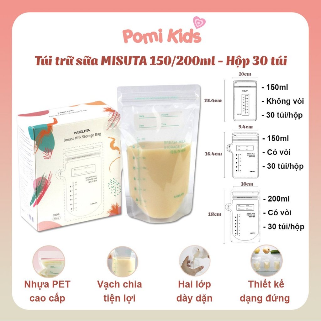 Túi trữ sữa Misuta 150ml, 200ml, hộp 30 túi chính hãng | Shopee Việt Nam