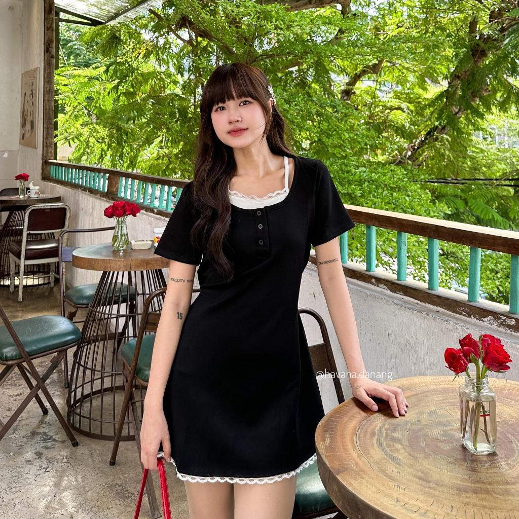 Đầm Umi form A viền ren trắng có dây buộc tôn eo phong cách dễ thương ...